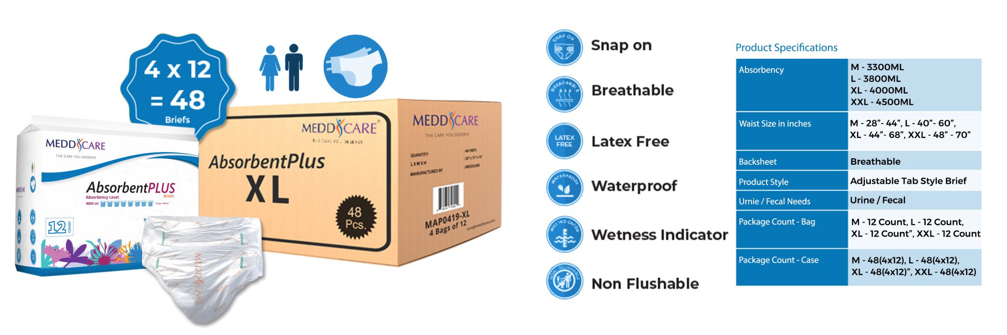 Absorbent Plus Briefs | Overnight Adult Diapers - Meddcare